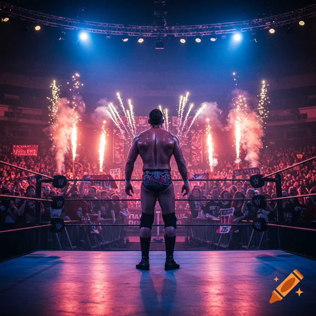 A muscular wrestler stands in a bright arena ring, facing a cheering crowd with pyrotechnics ...