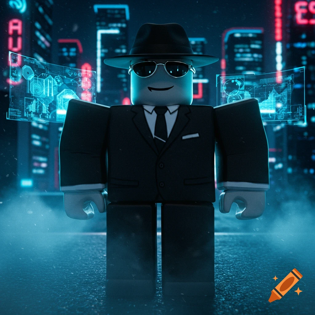 Roblox character in a black neon jacket, pixelated sunglasses, and ...