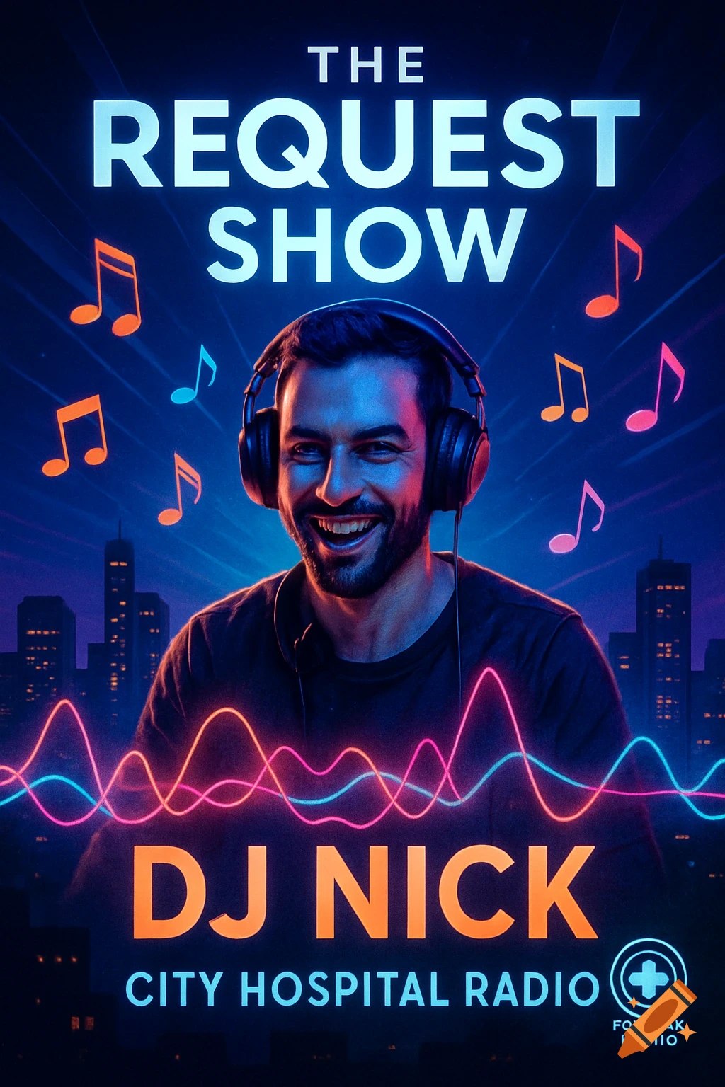 A smiling DJ with headphones against a city skyline and neon sound ...