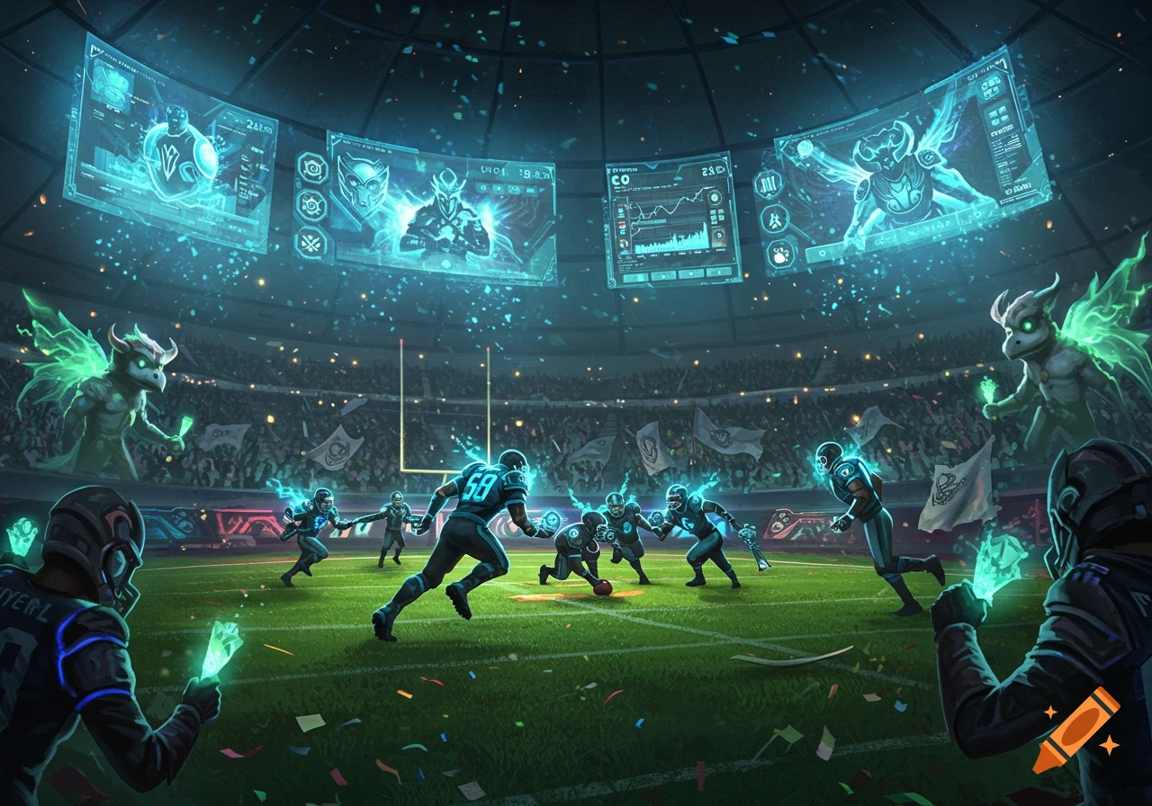 Cartoon-style characters line up on a soccer field in a stadium, with ...