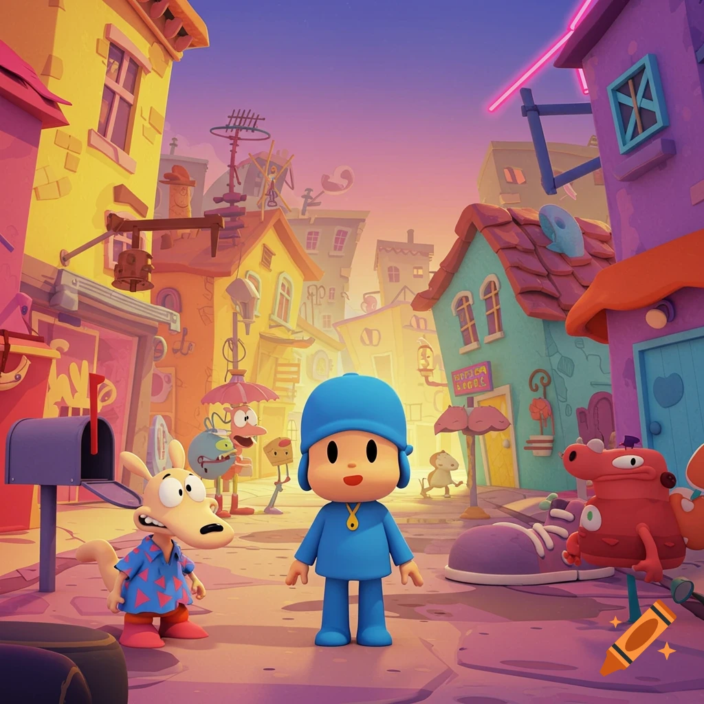 A cartoon scene featuring Pocoyo and Rocko the kangaroo standing on a ...