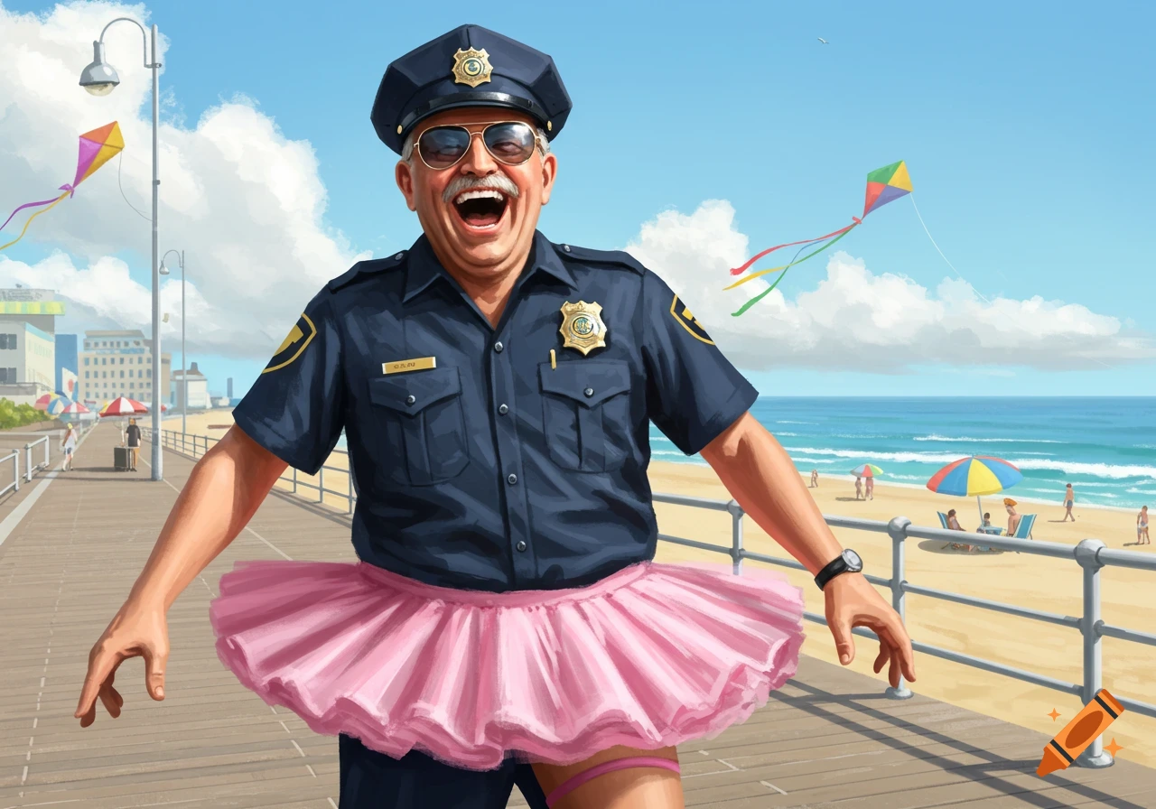 A smiling police officer in uniform and a pink tutu runs along a ...