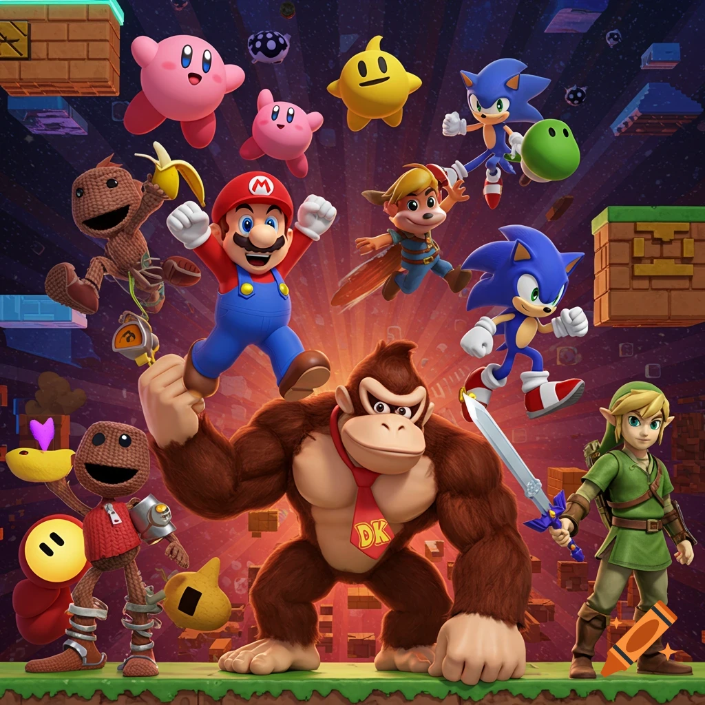 A vibrant image of various video game characters including Mario, Kirby ...