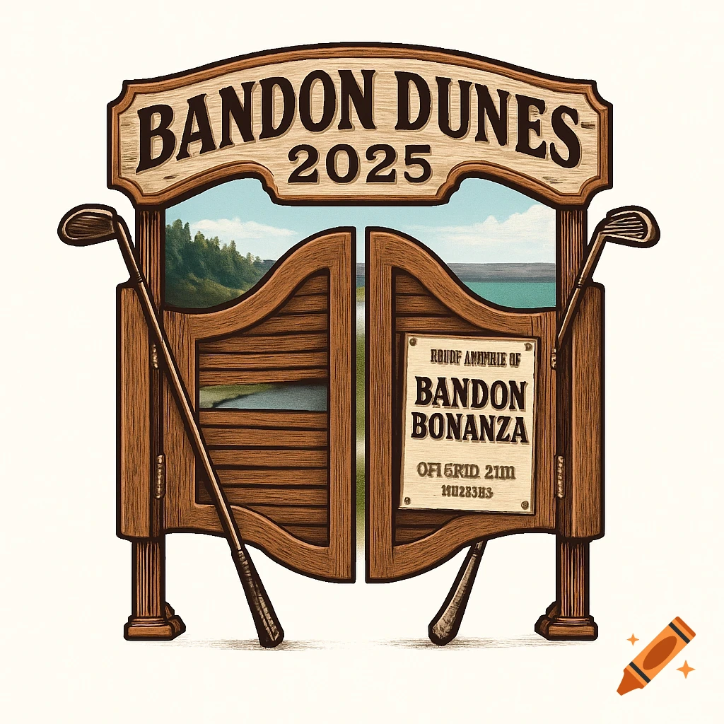 Vintage Western-style golf tournament logo featuring saloon doors, golf ...