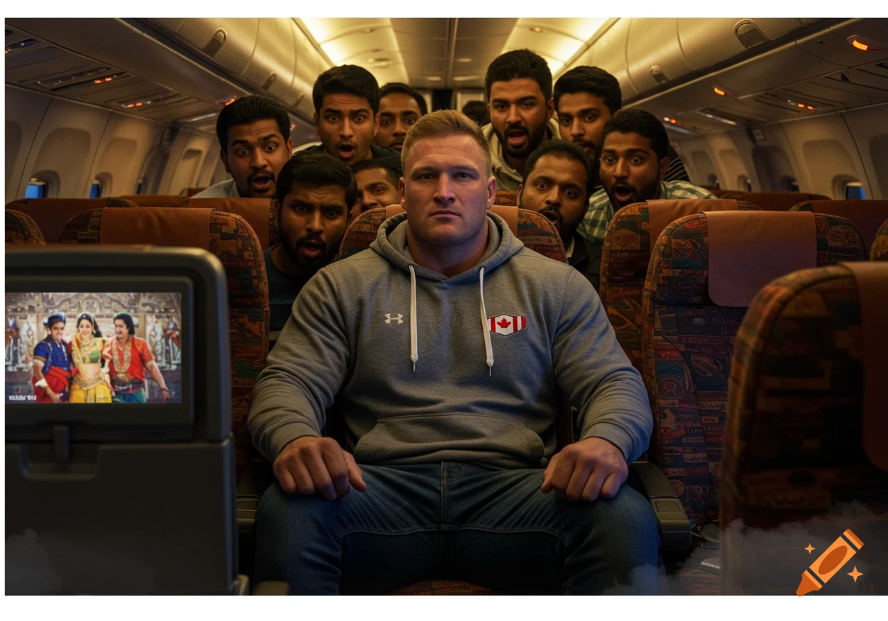 A stoic Canadian weightlifter sits in an airplane, looking forward ...