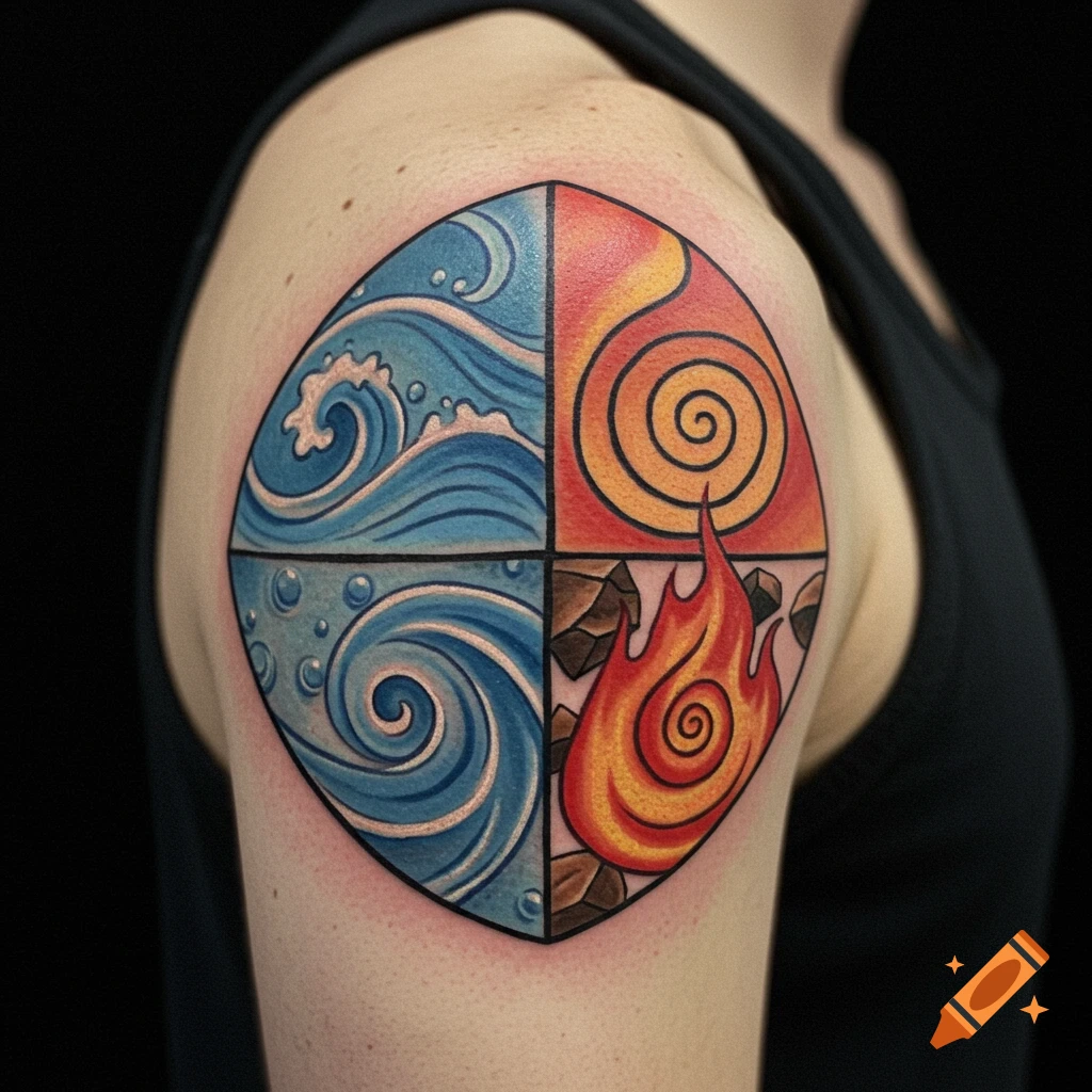 A colorful, stylized tattoo depicting the four elements (water, air ...