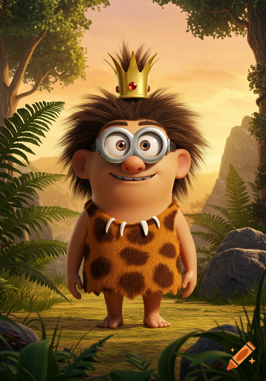 Cartoon caveman in a jungle at sunset. on Craiyon