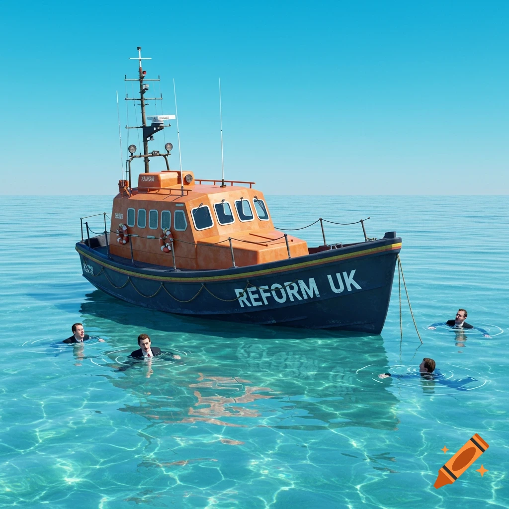 A photorealistic image of an orange and blue lifeboat with "REFORM UK ...