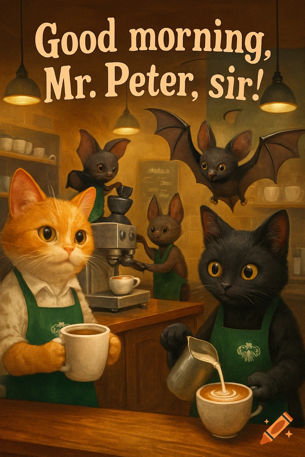 Anthropomorphic orange cat and black cat in aprons in a coffee shop ...