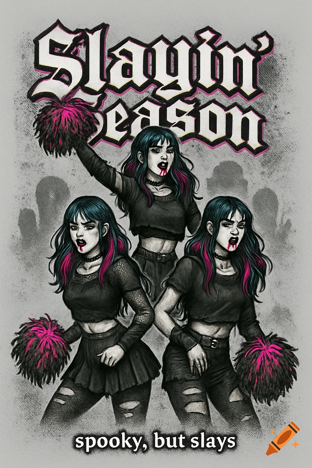 Three E-girl style vampire cheerleaders with teal and magenta hair ...