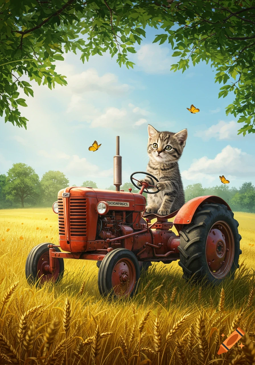 A vibrant red vintage tractor sits in a golden wheat field under a ...