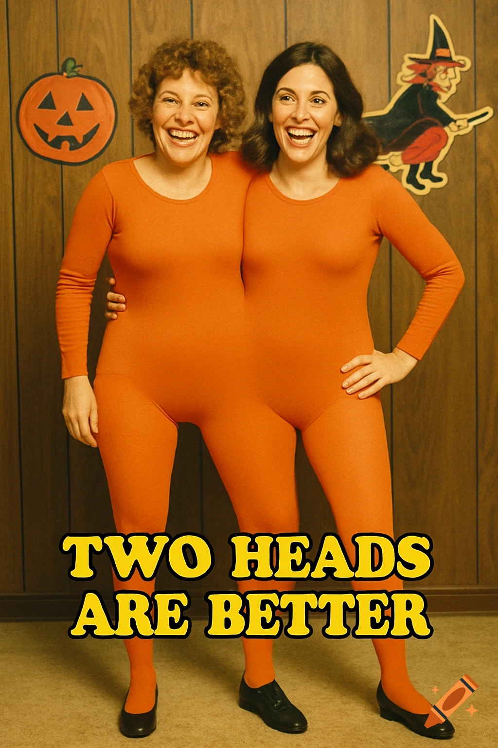 Two smiling women in an orange conjoined bodysuit form a two-headed illusion. Halloween ...