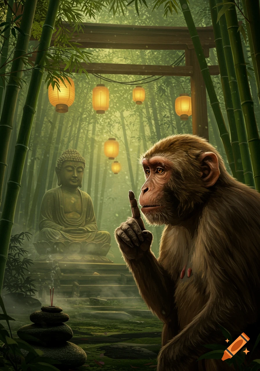 A brown monkey shushing with a raised finger in a bamboo forest with a ...