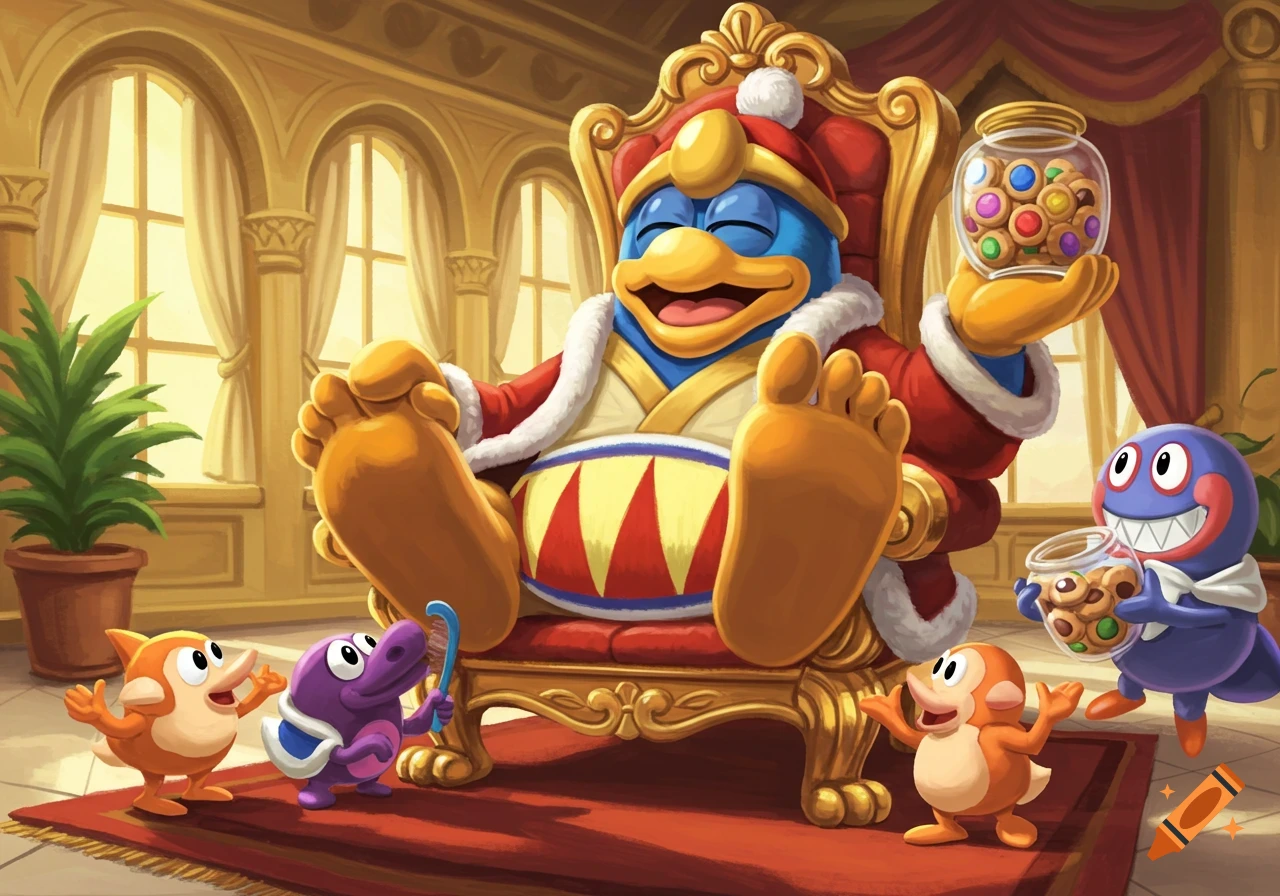 Cartoon illustration of King Dedede relaxing on a golden throne while smaller creatures bring ...