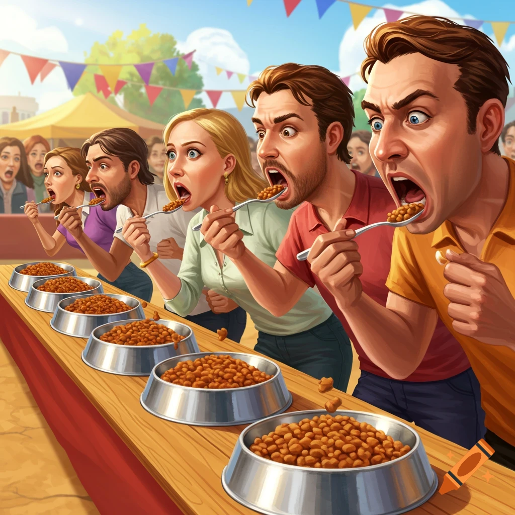 A group of people intensely participating in an outdoor eating contest ...