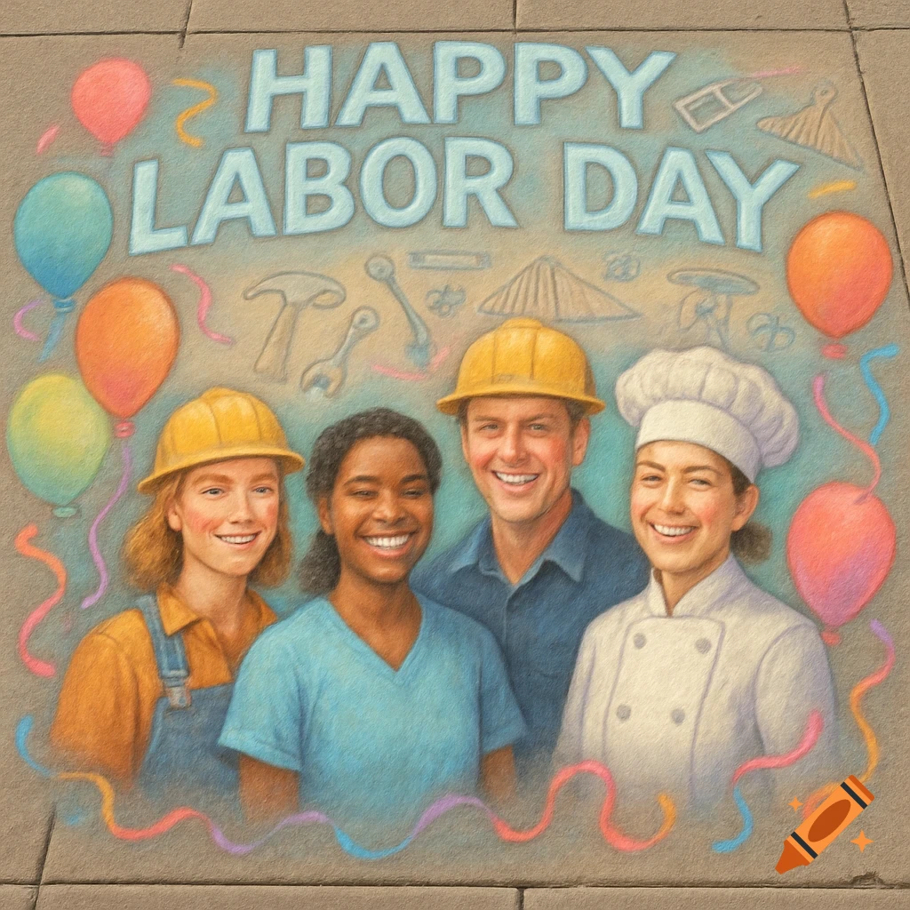 Colorful chalk art on pavement depicts four smiling people in work ...