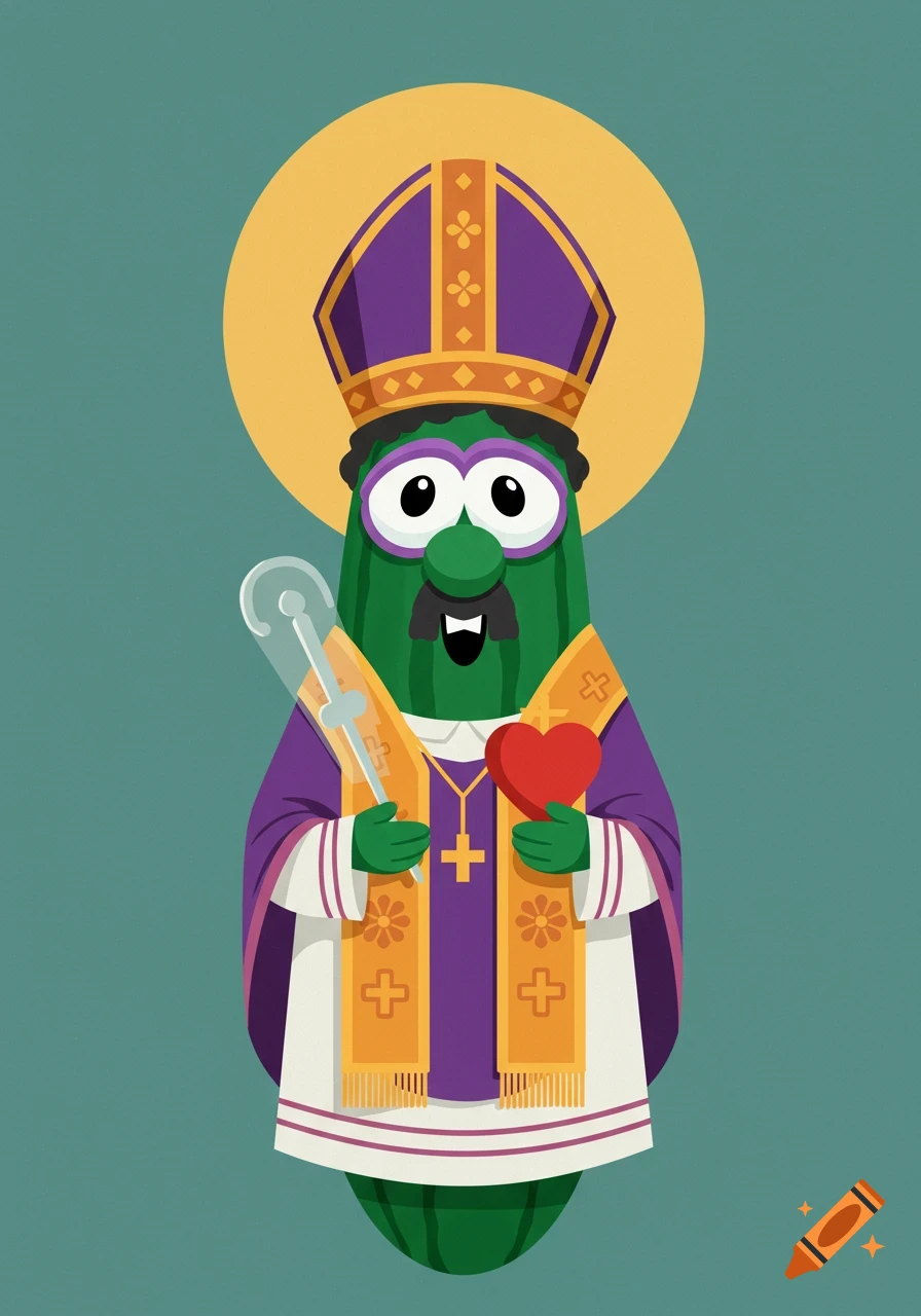 Cartoon illustration of Larry the Cucumber dressed as a bishop, wearing ...