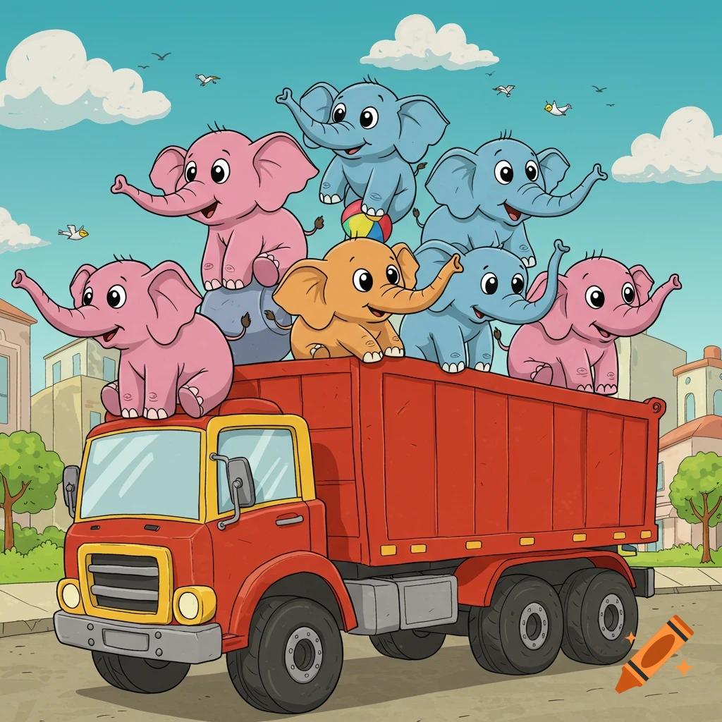 Cartoon illustration of seven happy elephants riding in the back of an ...