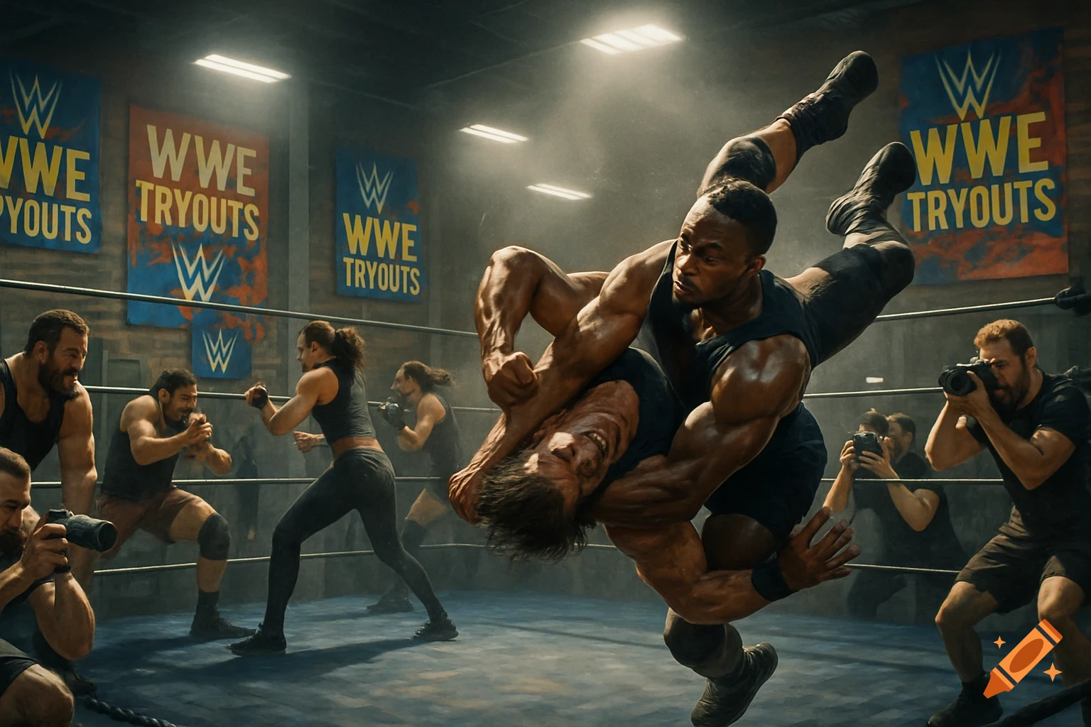 Muscular athletes wrestling in a ring with WWE Tryouts banners, while ...