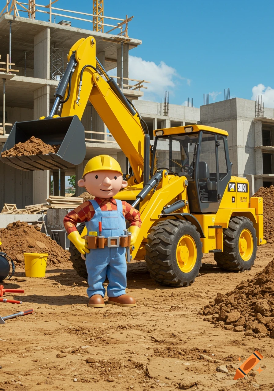 Bob the Builder stands in a realistic construction site with a yellow ...