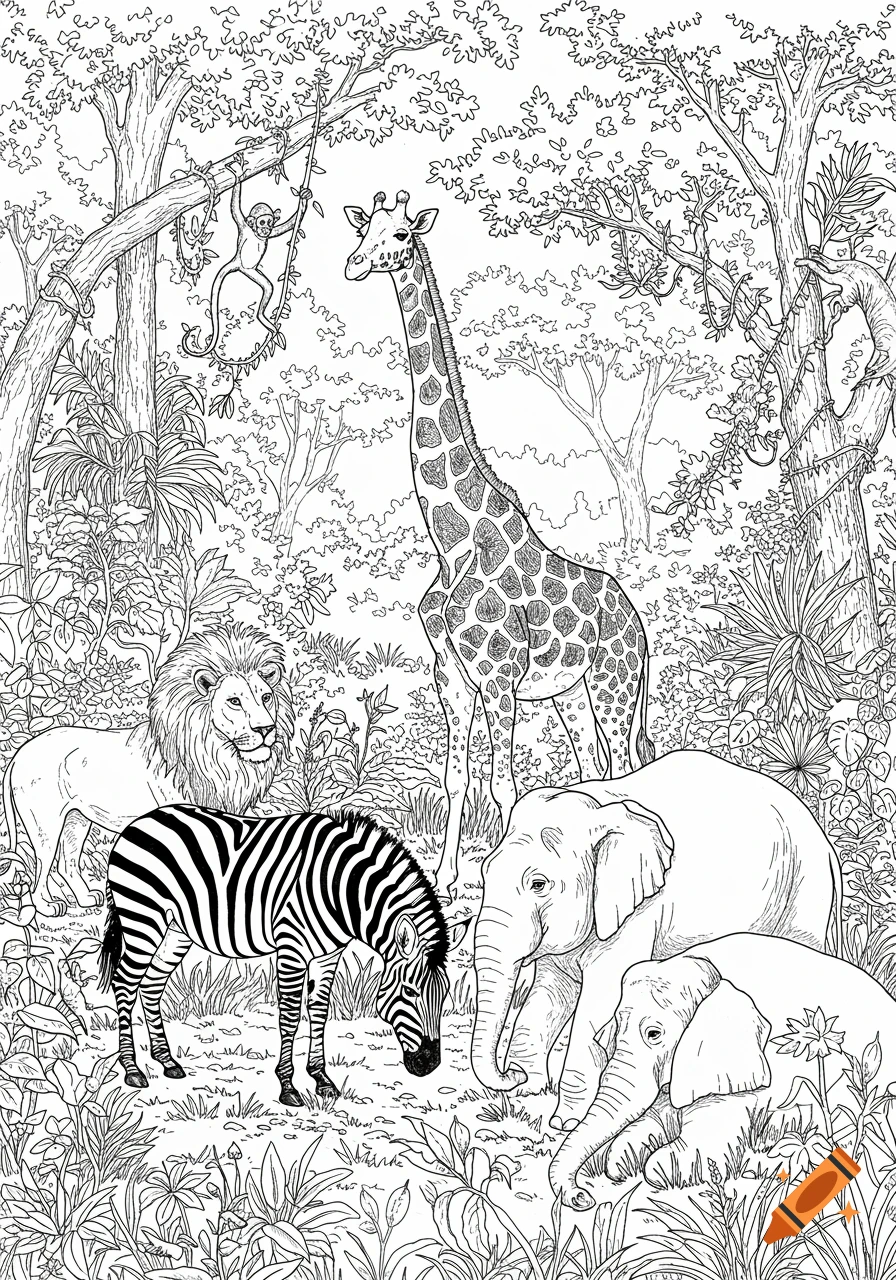 A detailed line art illustration of a jungle scene with a giraffe, lion ...