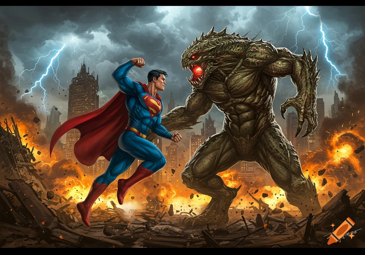 Superman battles a fierce green monster in a destroyed city engulfed in ...