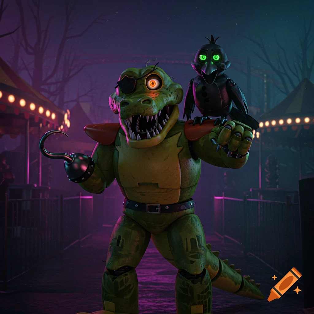 A green and yellow alligator animatronic with an eyepatch and hook hand ...