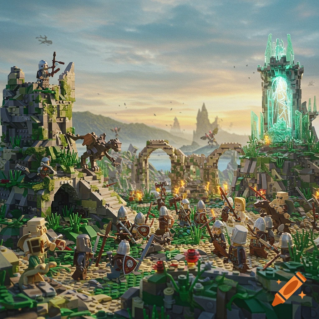 Lego diorama of a fantasy battle in ancient ruins with minifigures ...