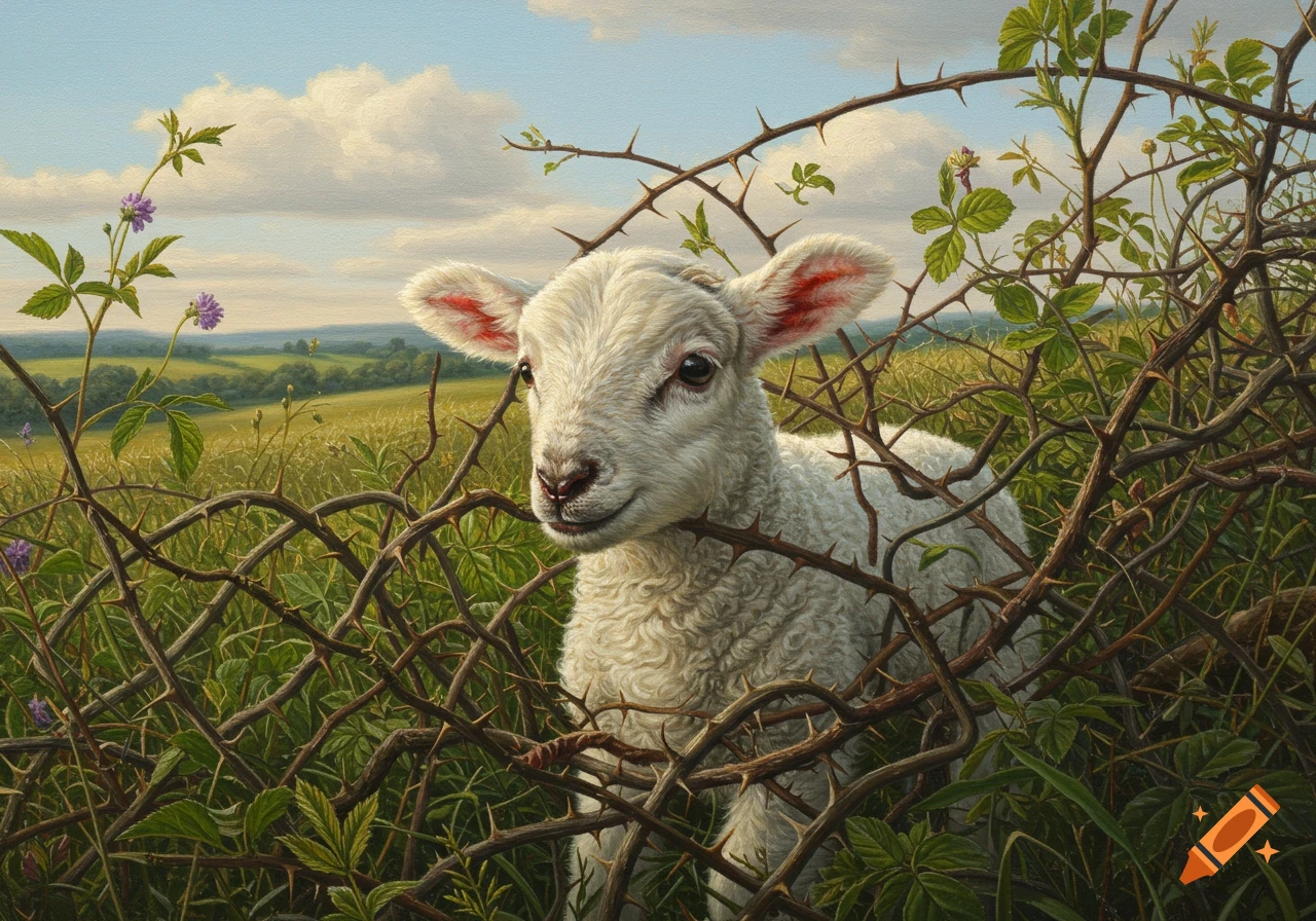 A realistic painting of a white lamb peeking through thorny branches in ...