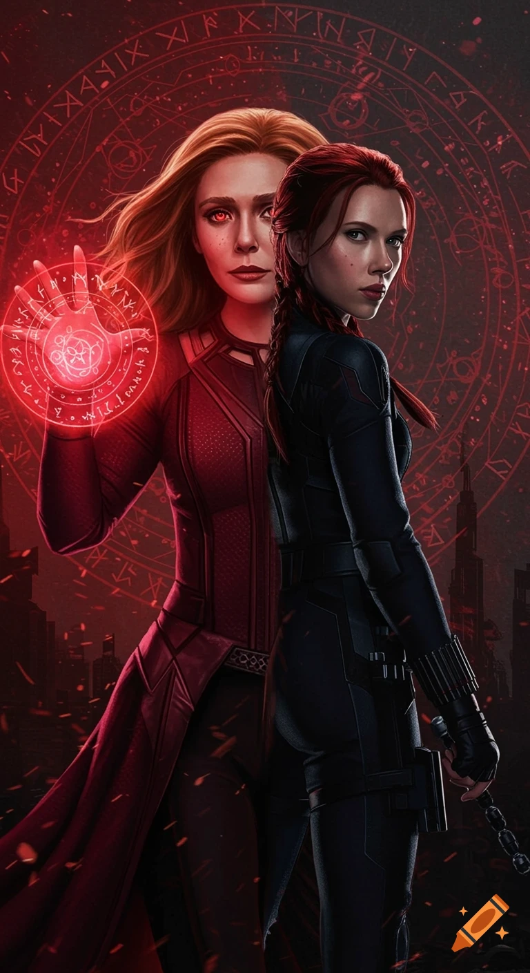 Two Marvel superheroes, Scarlet Witch and Black Widow, in a stylized ...