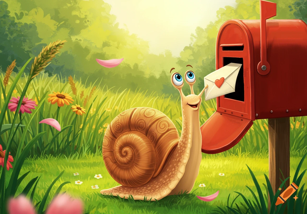 A cheerful cartoon snail posts a heart-adorned letter into a red ...