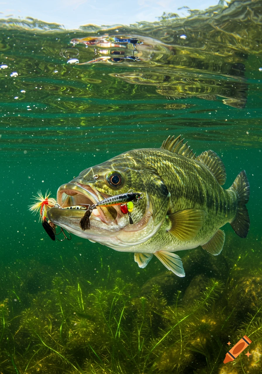 Photorealistic underwater view of a largemouth bass with multiple ...
