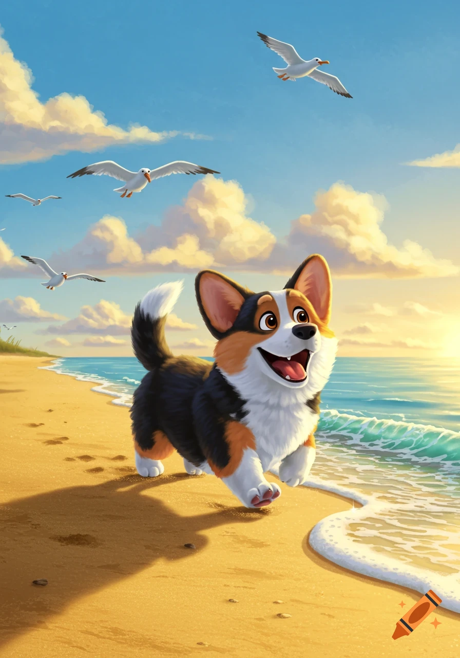 A happy golden retriever dog runs on a sunny beach with seagulls flying ...