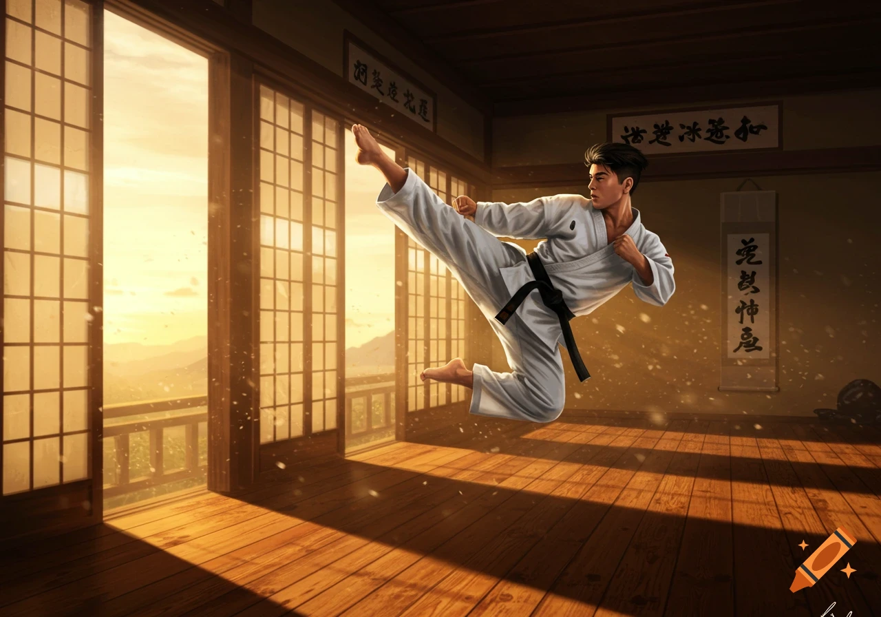 A young Black man in a blue gi with a black belt performs a high ...