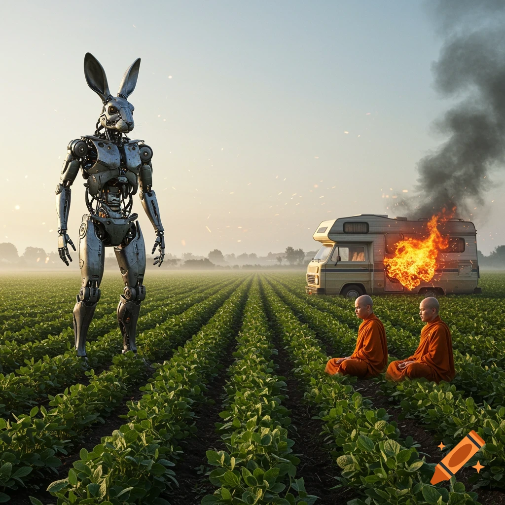 A robot with a rabbit head in a field, two meditating monks, and a ...
