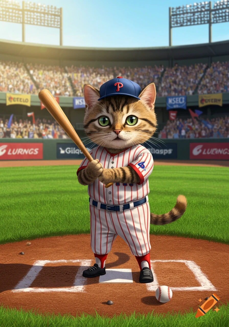 A cartoon tabby cat dressed in a white and red striped baseball uniform ...