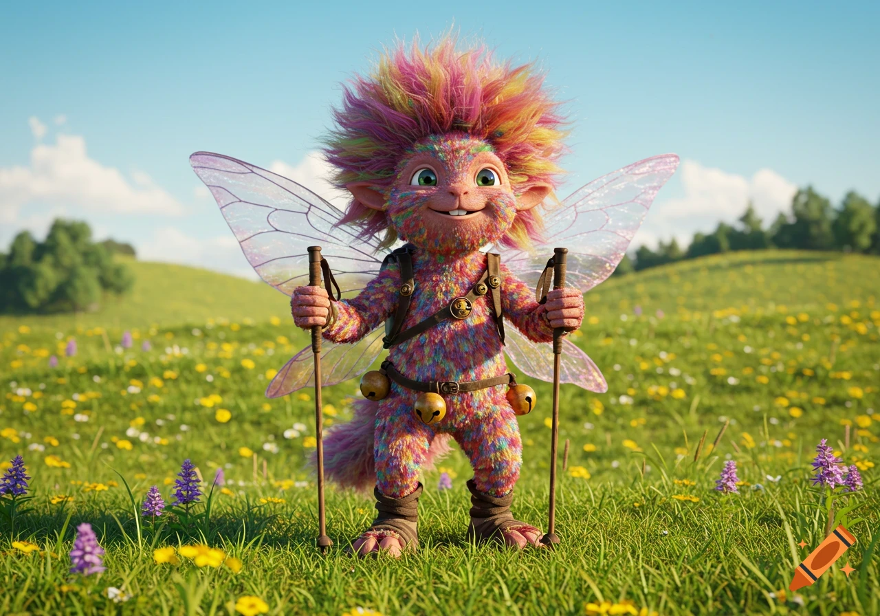 A cute, colorful, furry fairy creature with spiky multi-colored hair and translucent wings ...