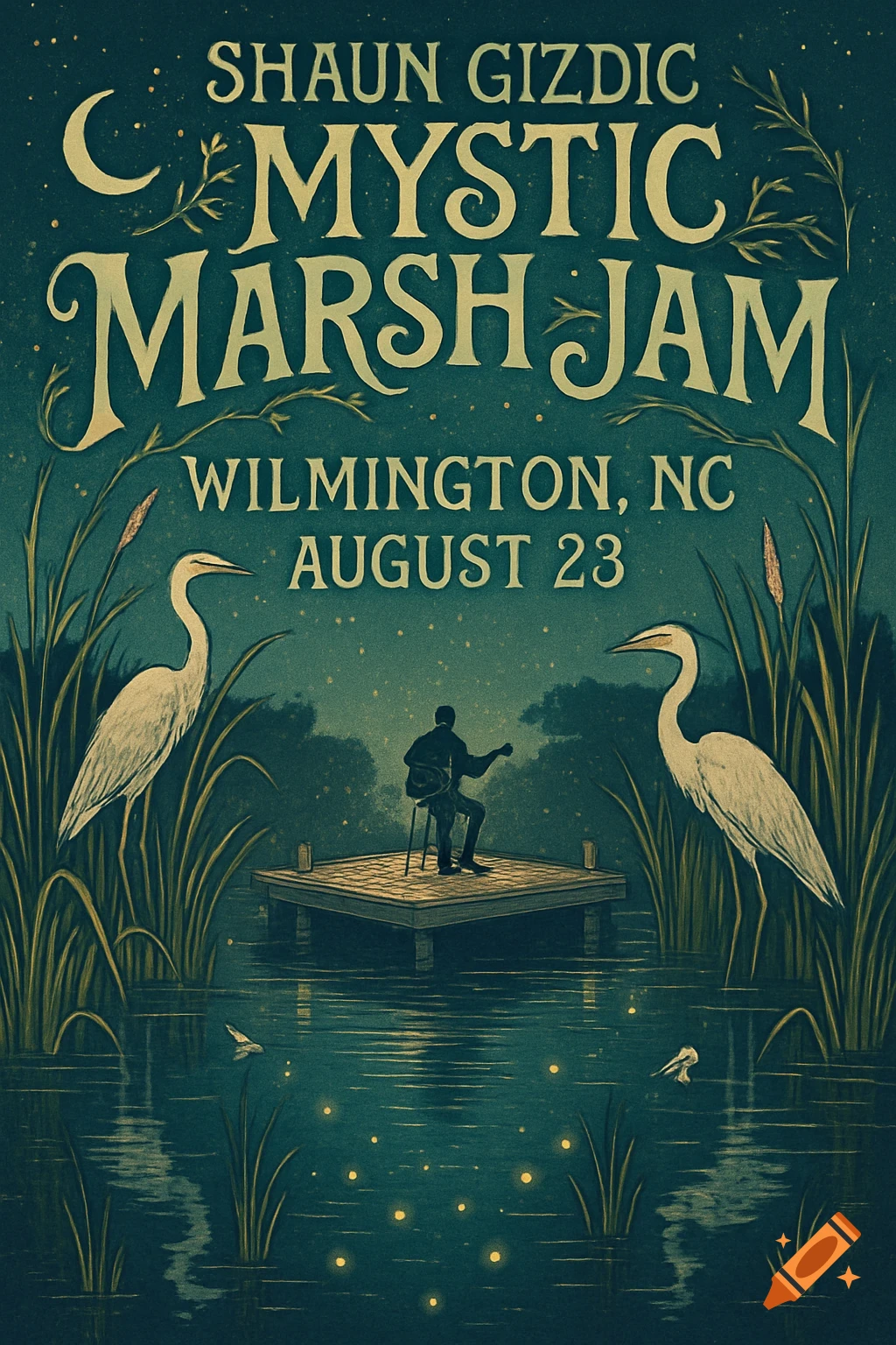 Illustrated concert poster for Shaun Gizdic's Mystic Marsh Jam with a ...