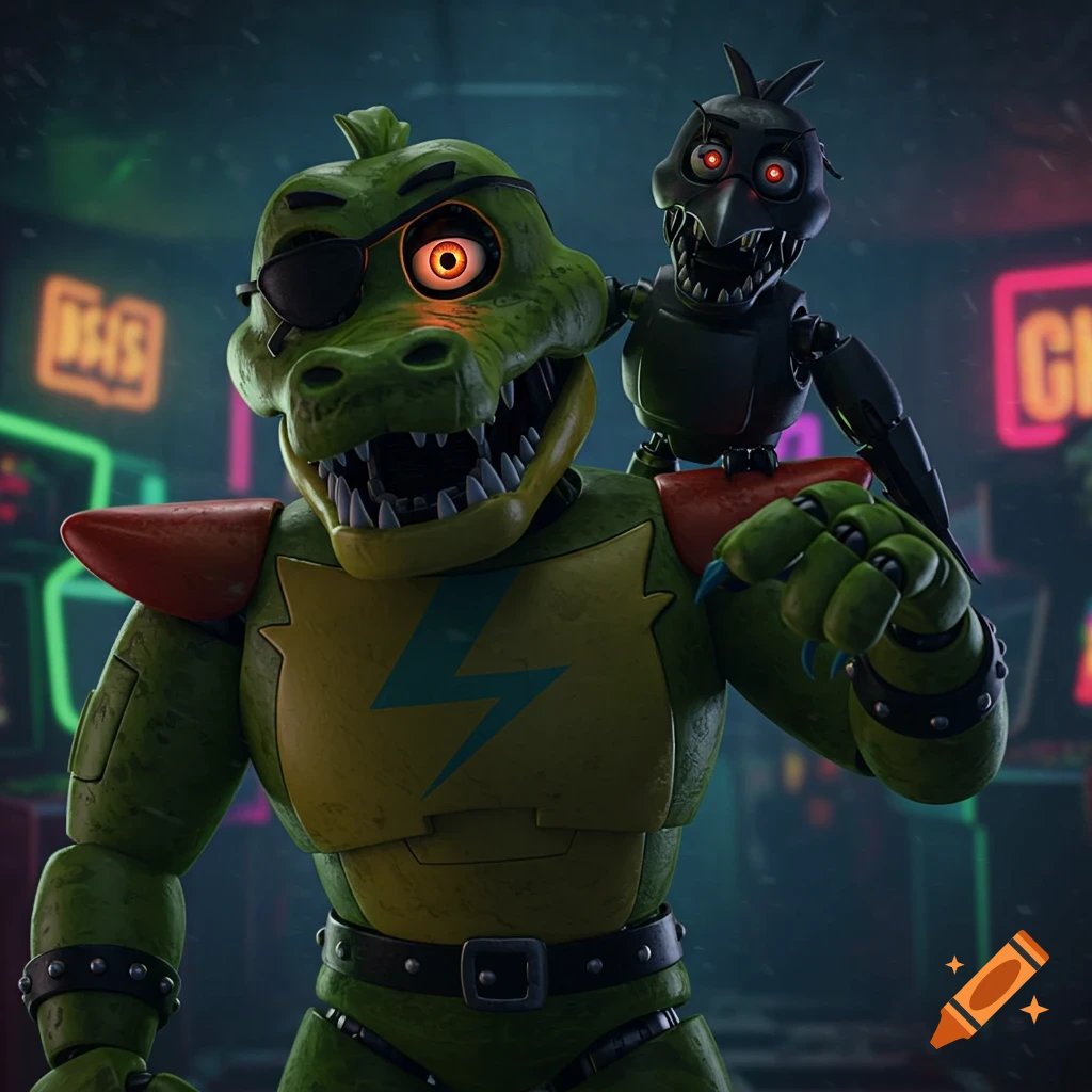 A green alligator animatronic with an eyepatch and glowing orange eye ...