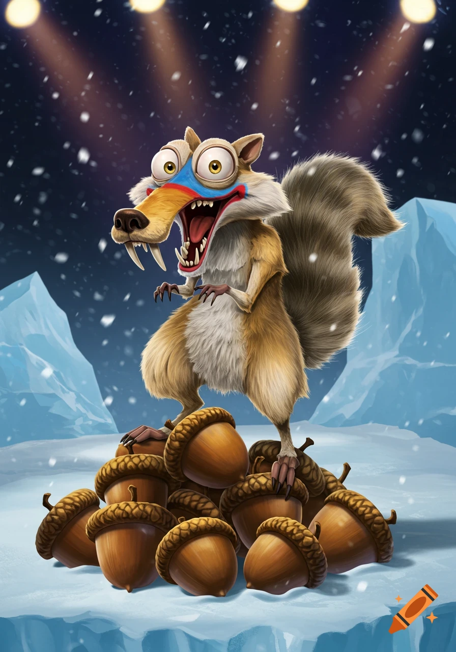 Scrat from Ice Age holds an acorn while looking at Stitch in a snowy ...