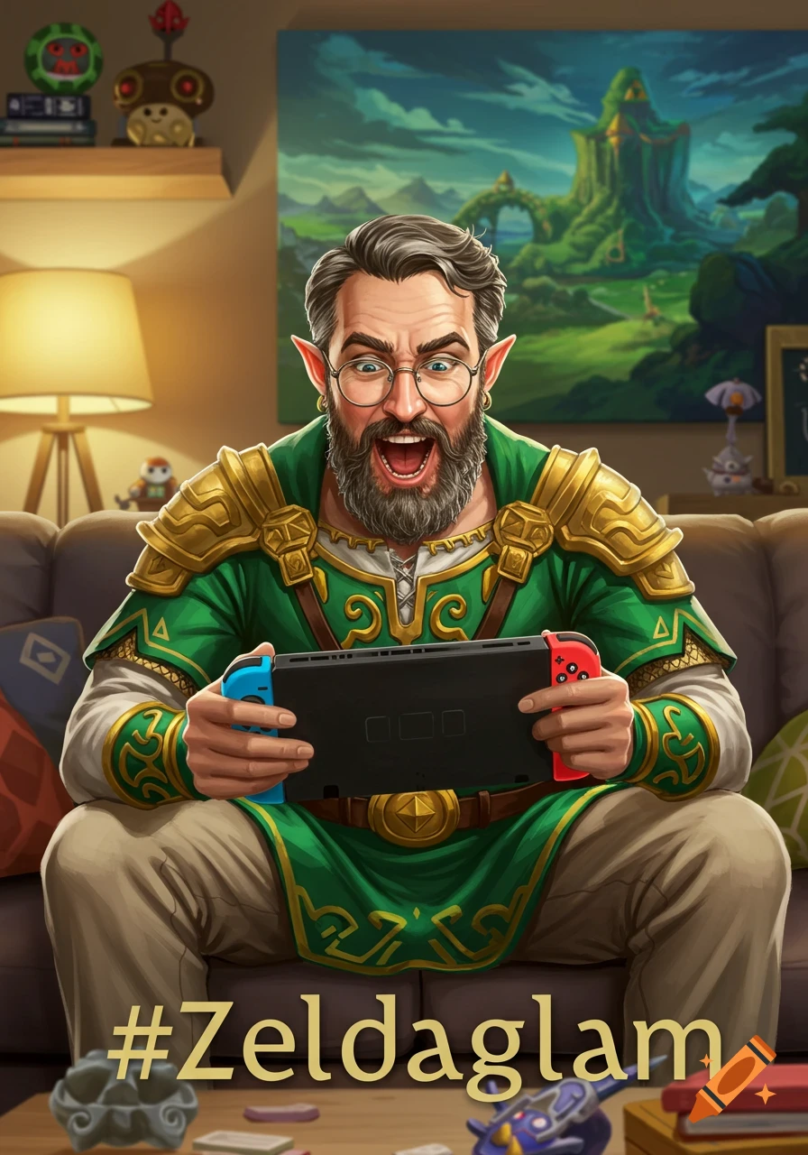 A bearded man with elf ears in a green and gold Zelda-like costume ...