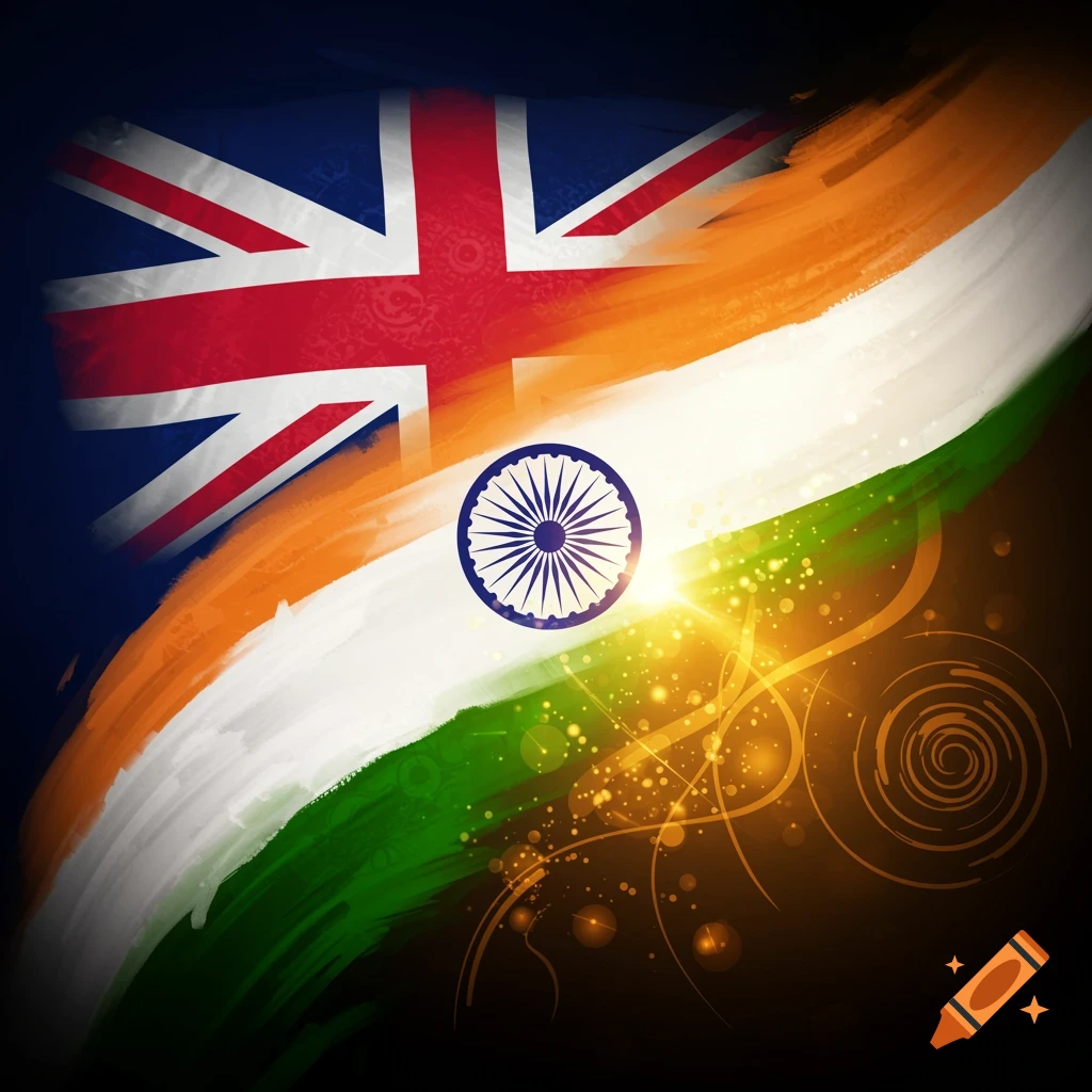 An abstract artistic blend of the UK Union Jack and Indian flags ...