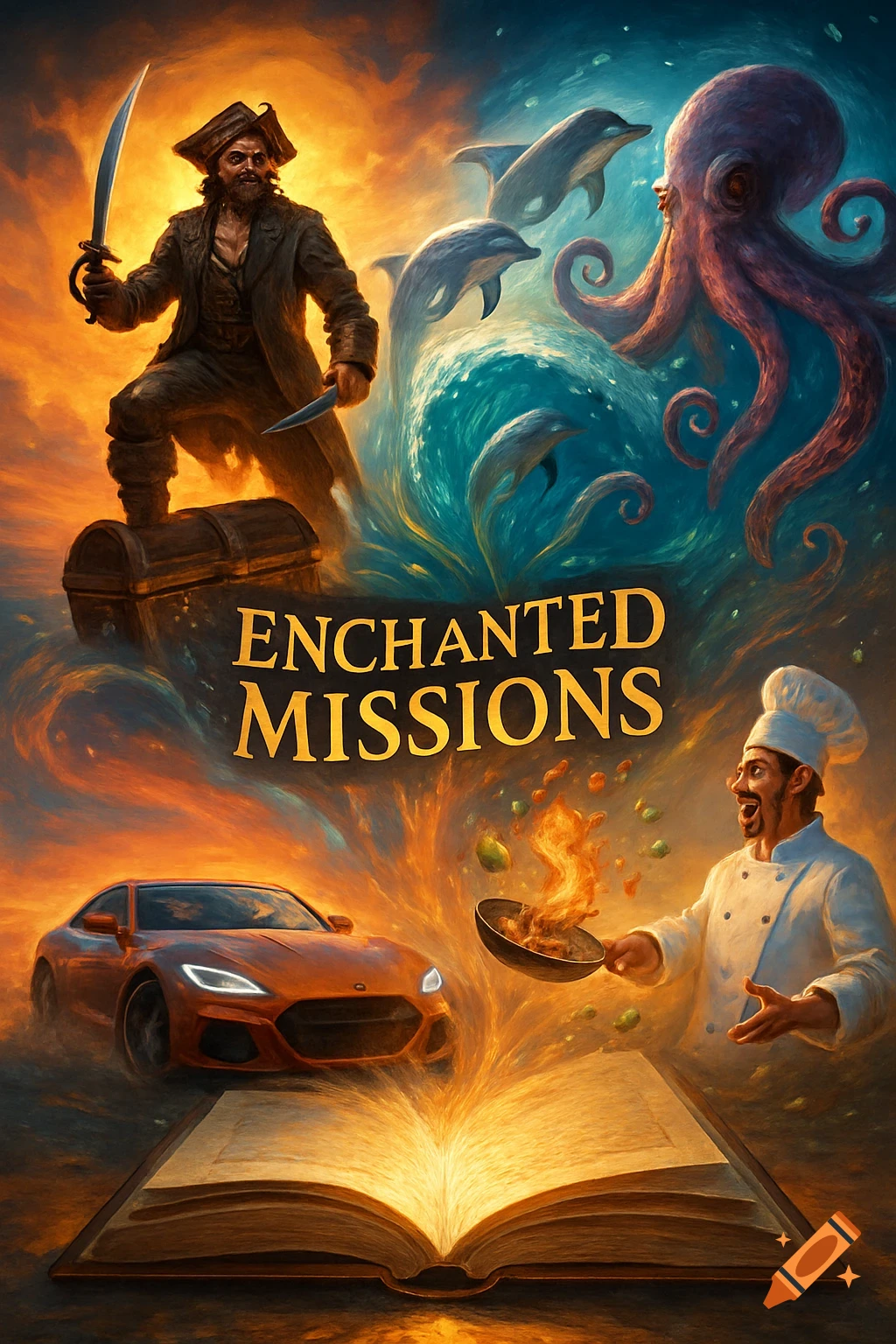 A vibrant fantasy illustration of a pirate, dolphins, octopus, chef ...