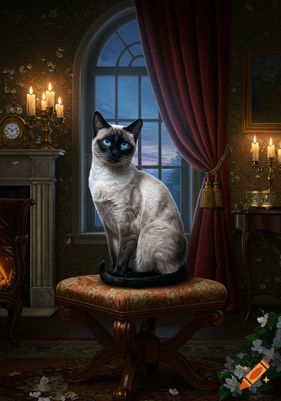 A hairless Sphinx cat with green eyes sits on an ornate rug in a dimly ...