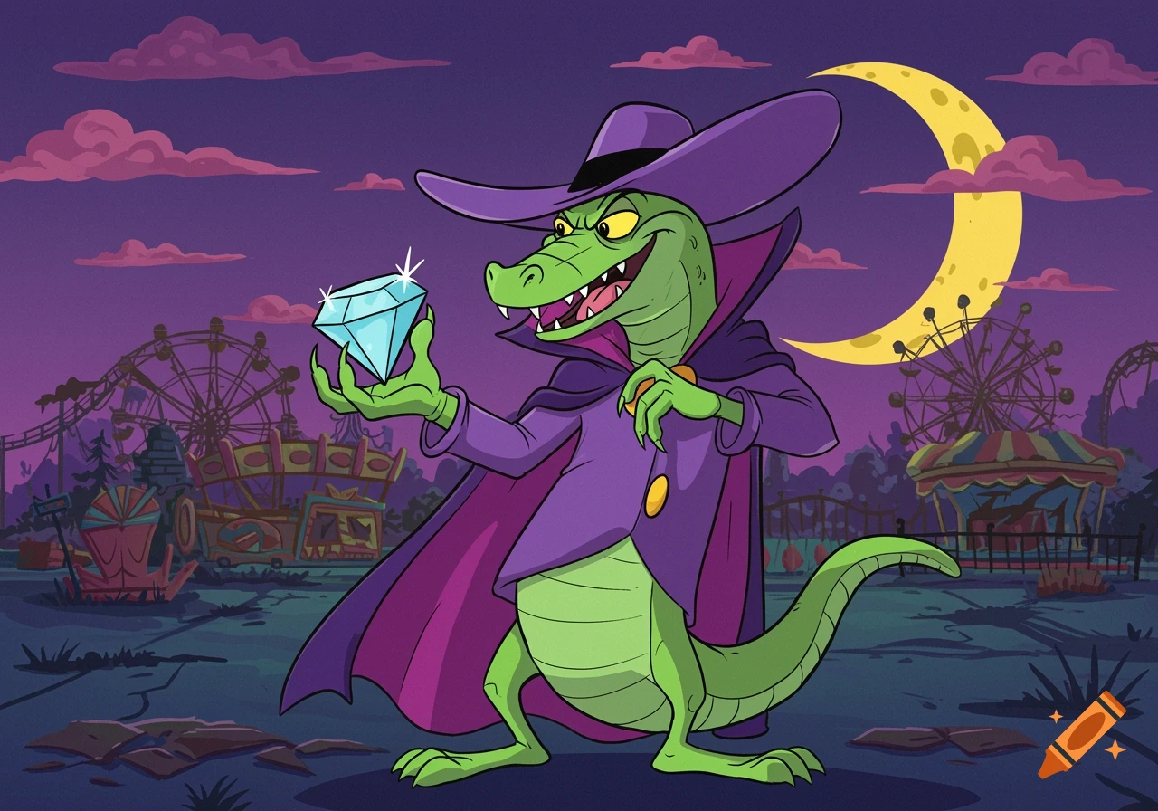 A green lizard villain in a purple hat and cape holds a diamond at an ...