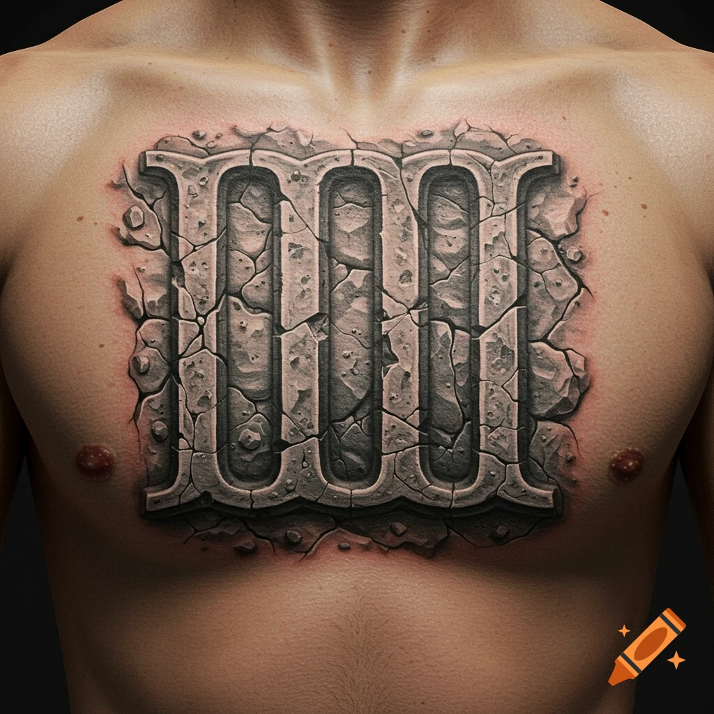 A hyperrealistic chest tattoo of Roman numeral III made of cracked grey ...