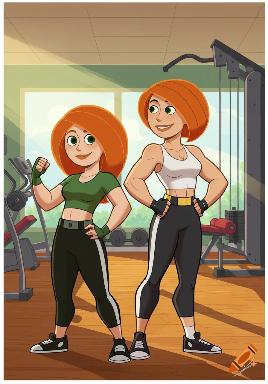 Animated Kim Possible and her muscular mother posing in a gym. on Craiyon