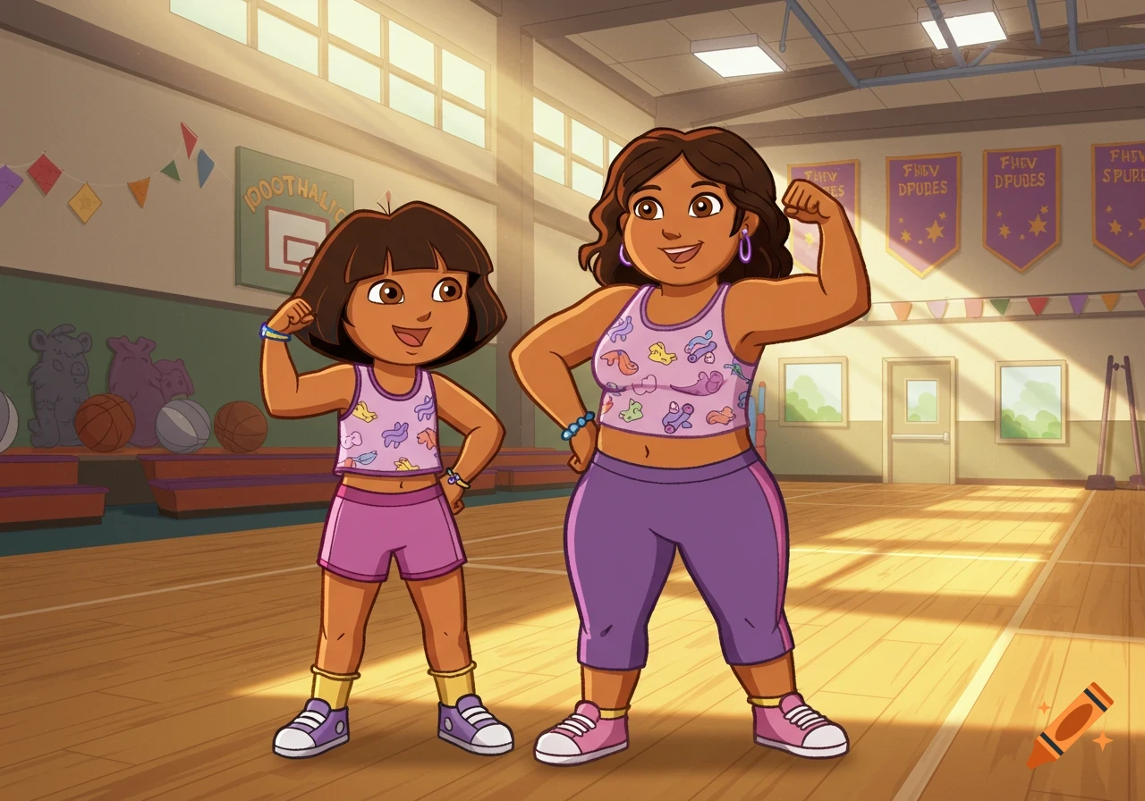 Muscular Dora the Explorer flexes her biceps and laughs at a lively ...