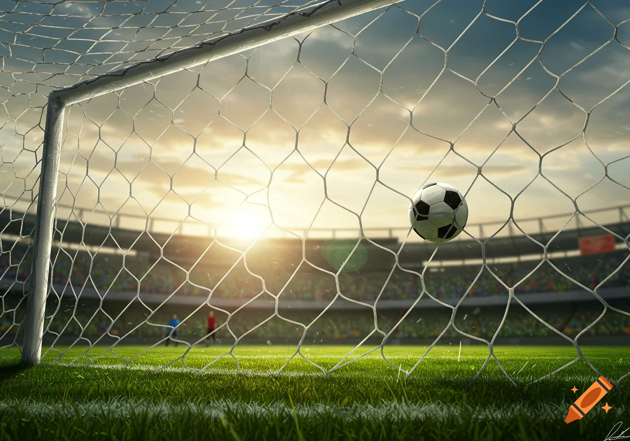 A soccer ball caught in the back of the net, viewed from inside the ...