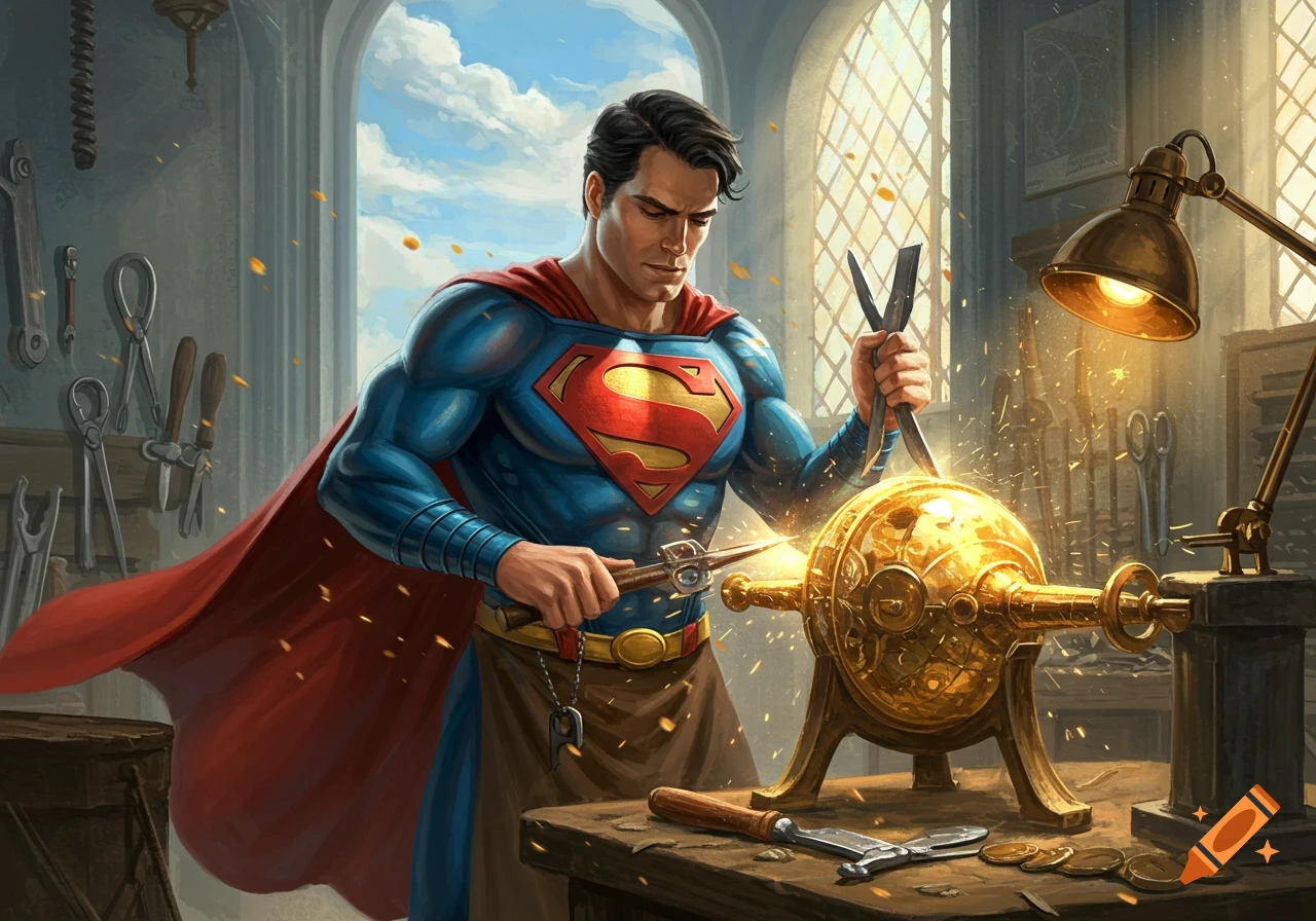 Superman, in his iconic suit and red cape, works intently in a workshop ...